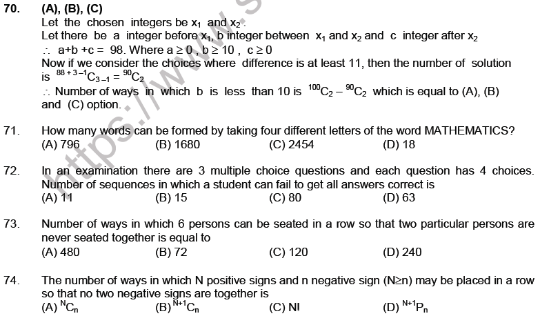 JEE Mathematics Permutation and Combination MCQs Set A with Answers